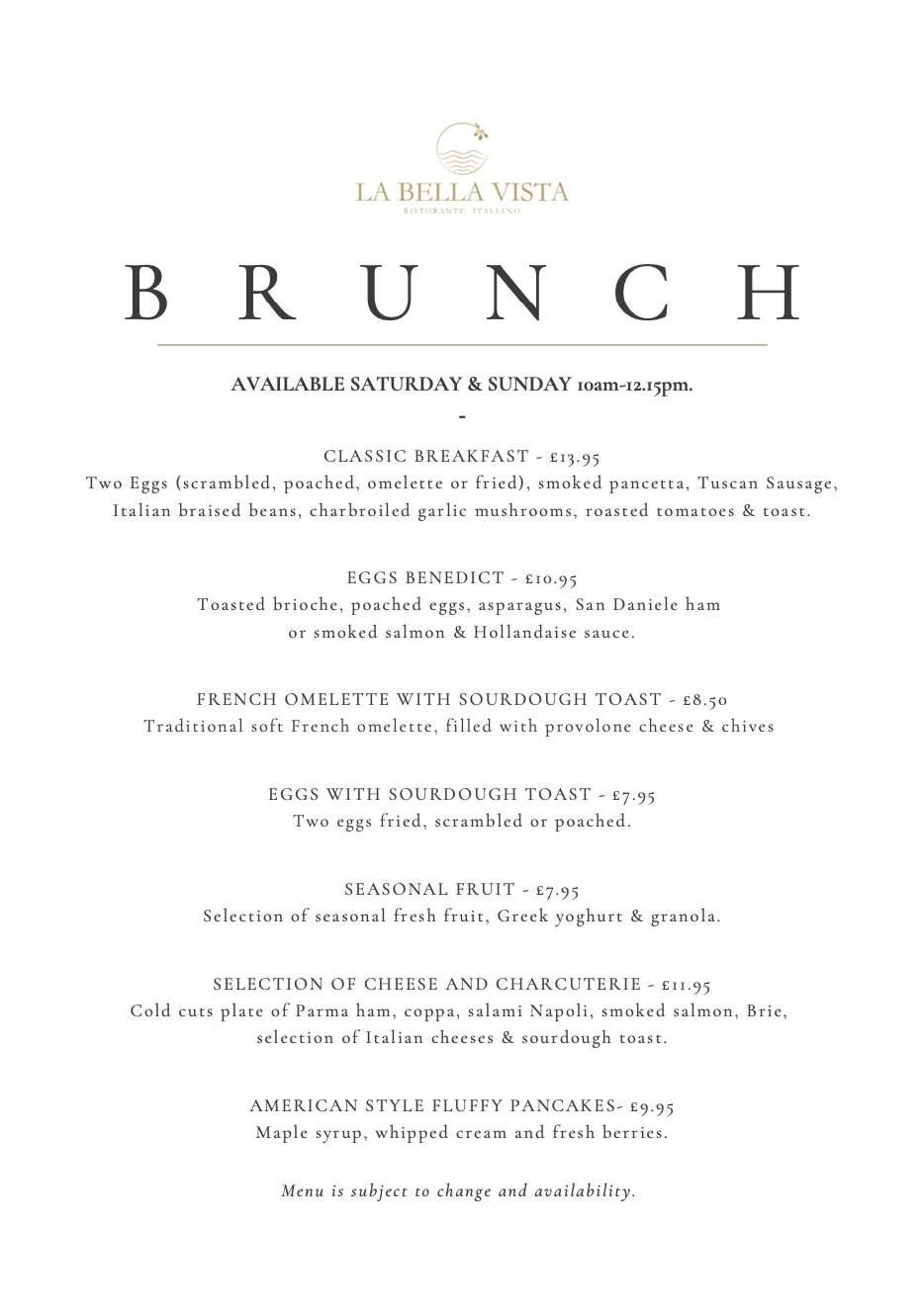 Menu at La Bella Vista restaurant, Saint Leonards
