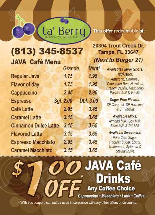 Menu at La Berry cafe, Tampa