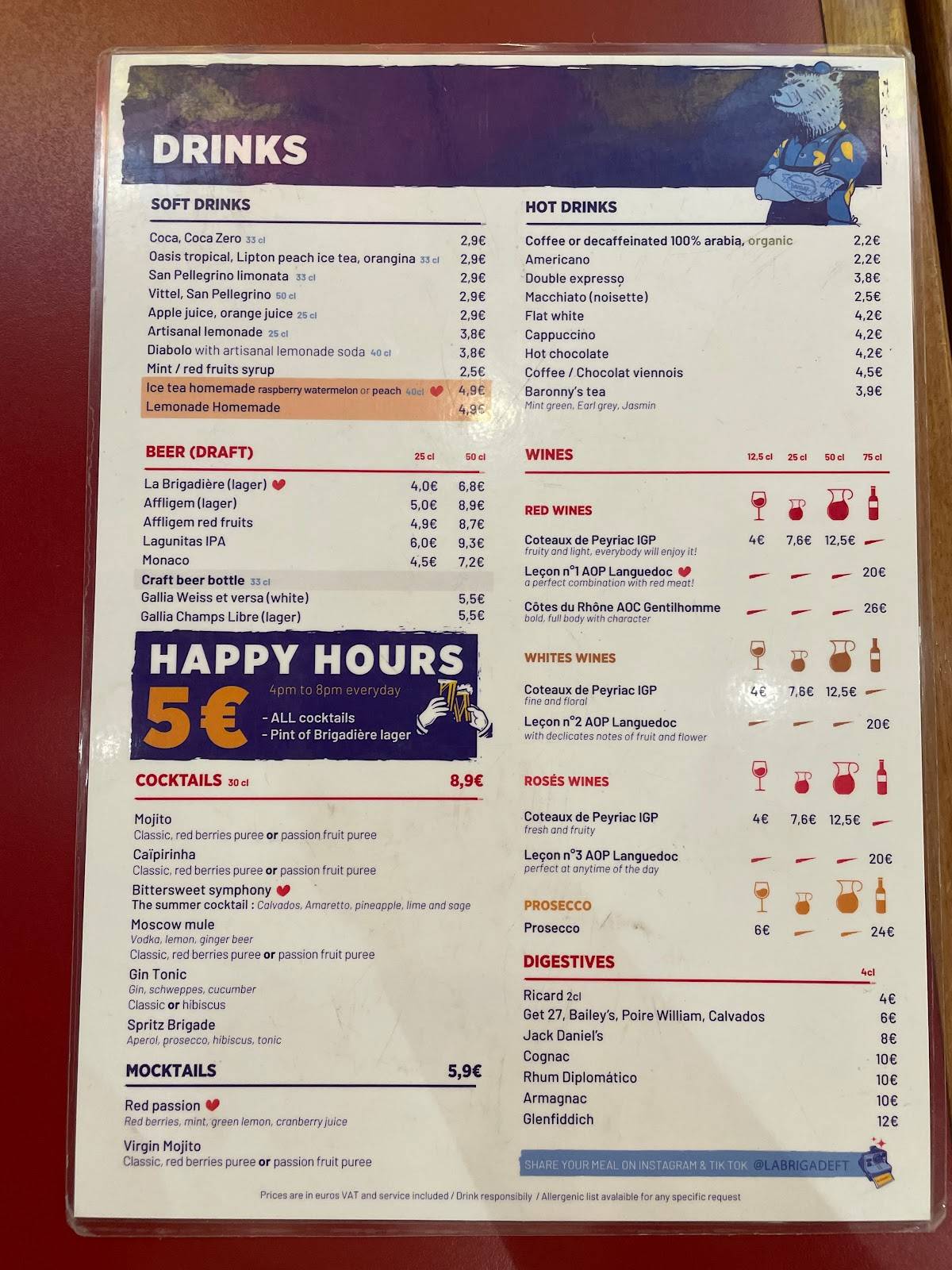 Menu at La Brigade - Opéra restaurant, Paris, 25 Bd des Italiens