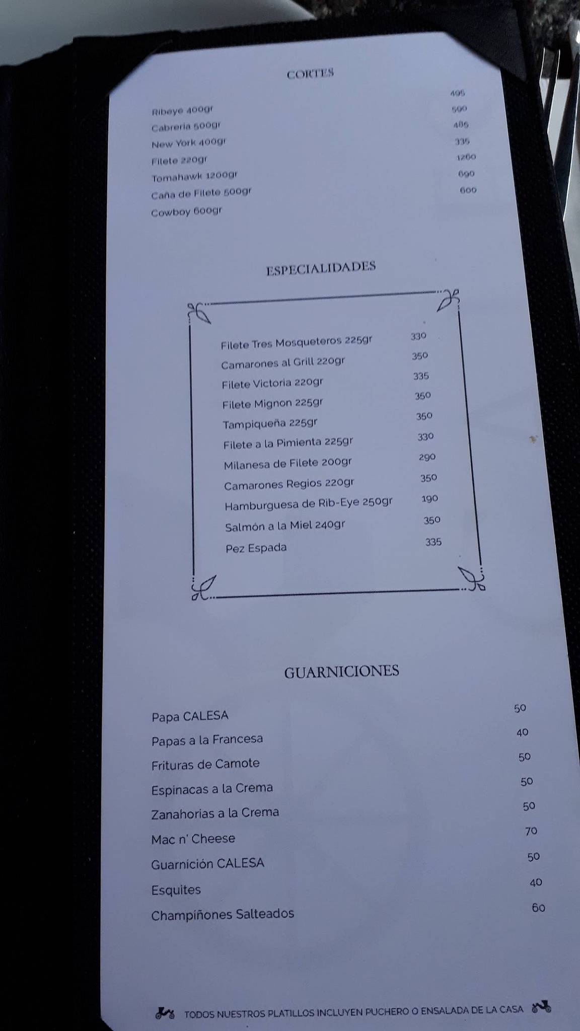 Carta de La Calesa Steakhouse, Chihuahua