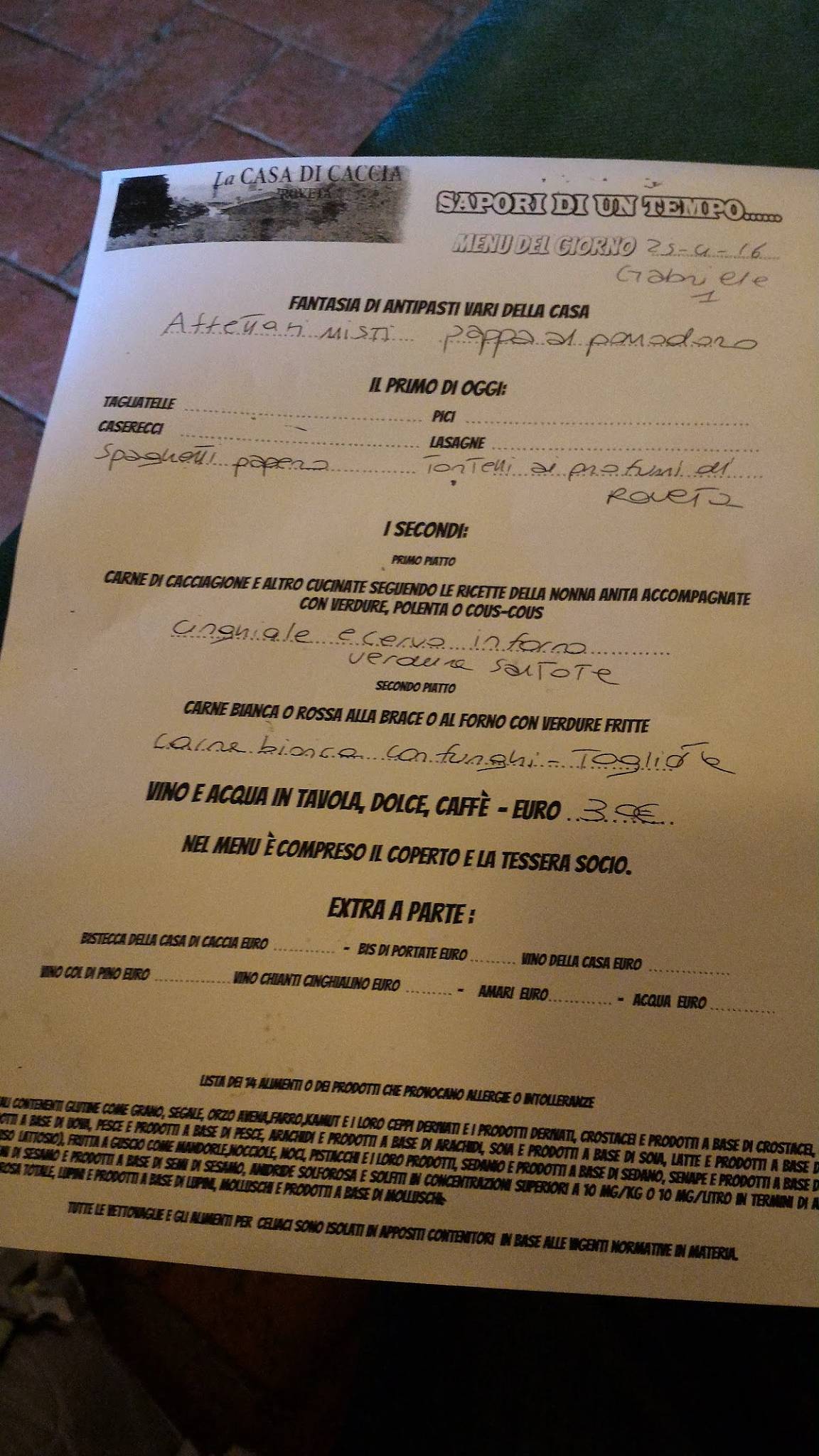 Menu da La Casa di Caccia Roveta ristorante, Scandicci, Via di Marciola