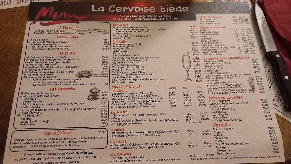 Menu au La Cervoise Tiède restaurant, Bénifontaine