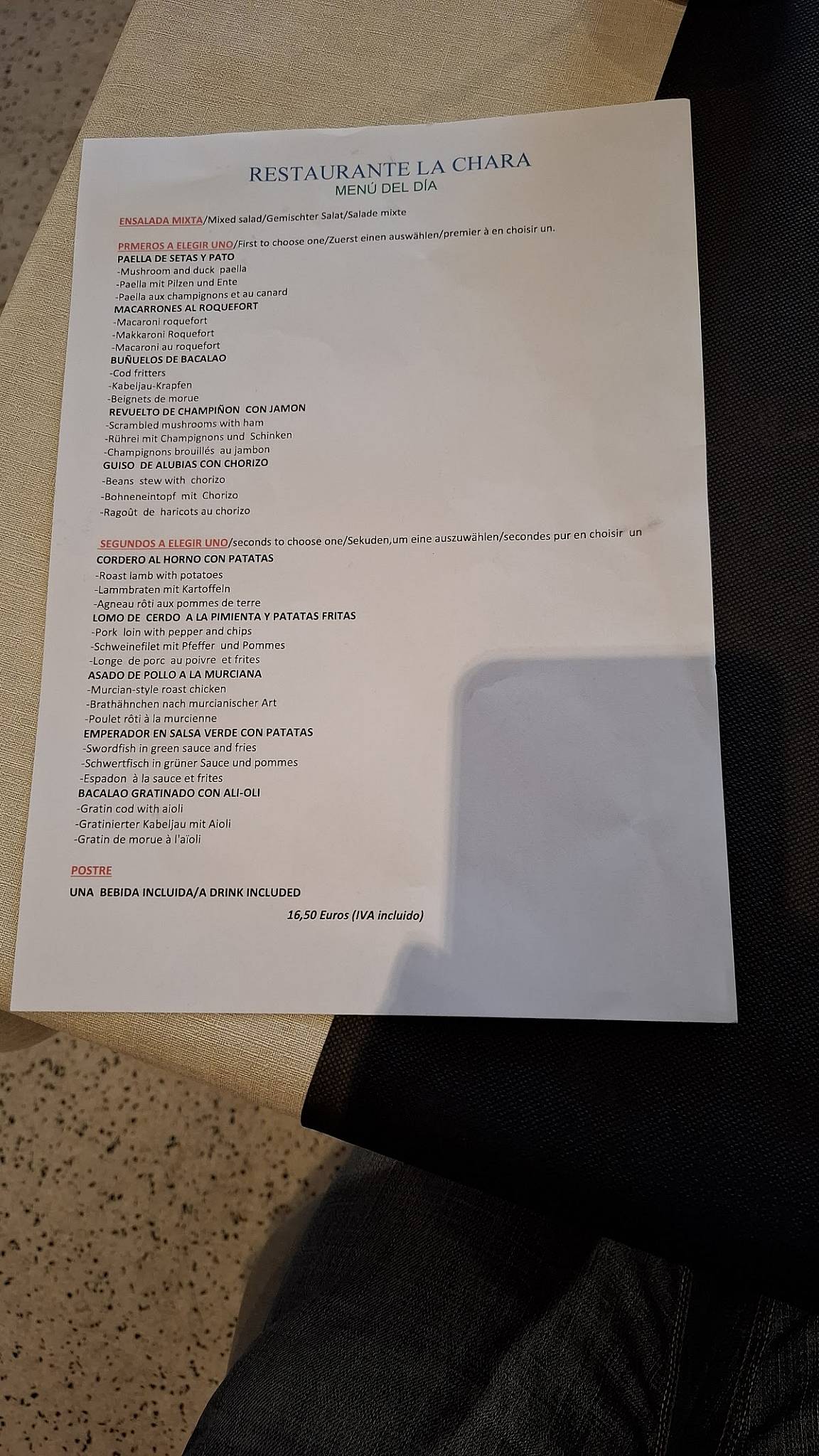 Carta de La Chara restaurante, Isla Plana