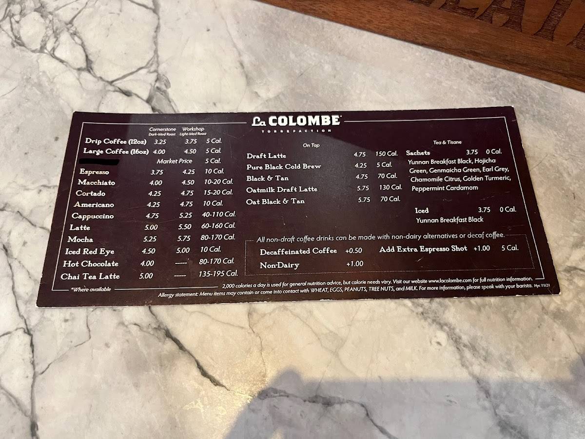 Carta del café La Colombe Coffee Roasters, Nueva York, 67 Wall St