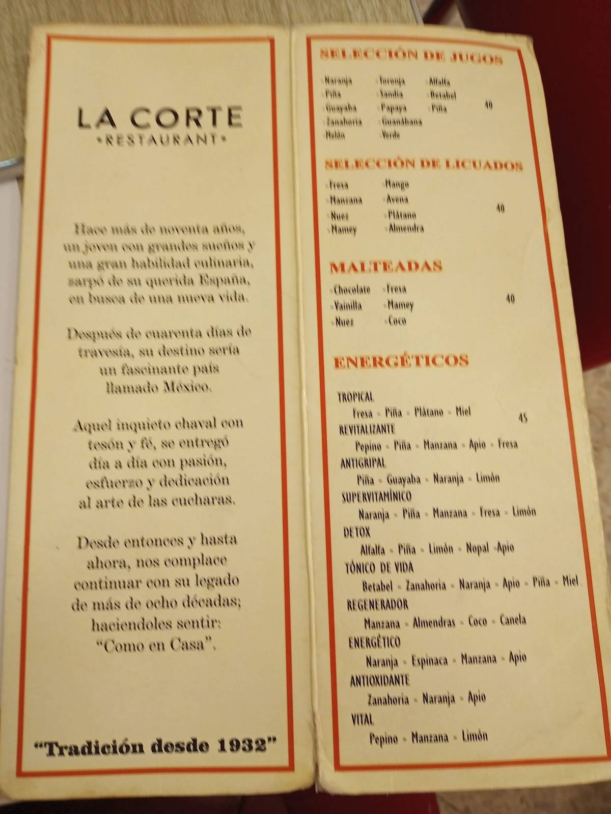 Carta de Restaurante la Corte, Ecatepec, República de Uruguay 115