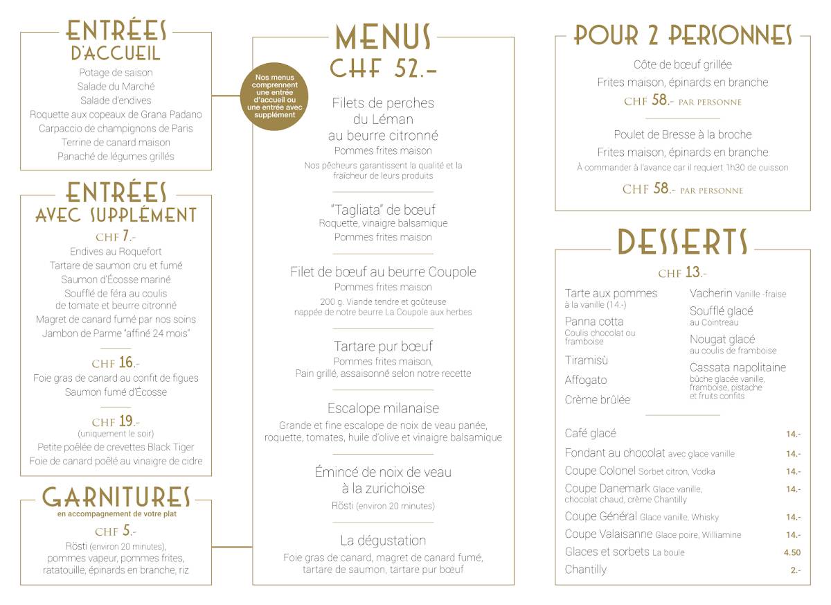 Menu au La Coupole, Genève, Rue Pierre Fatio