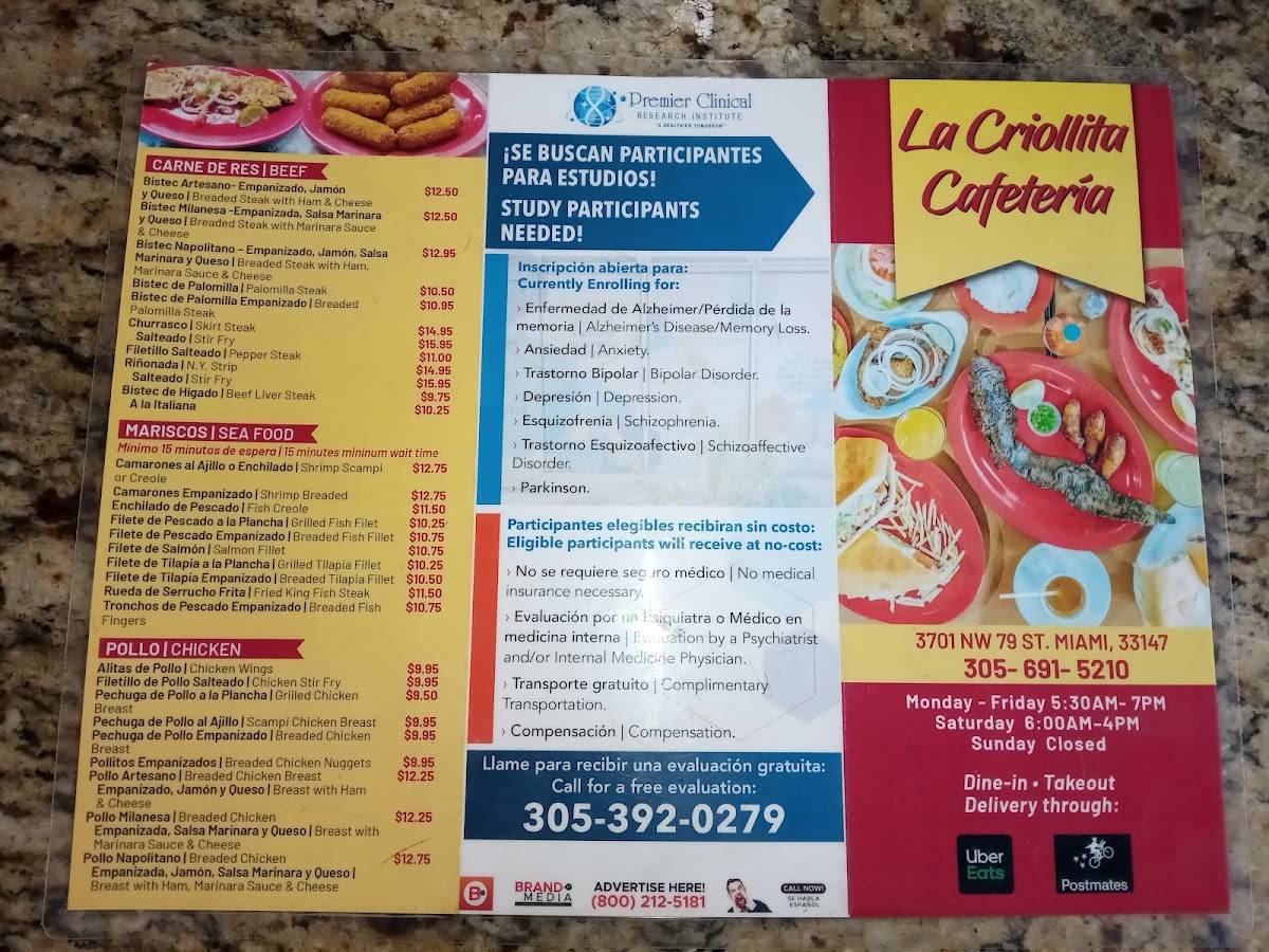 Menu at La Criollita Cafeteria, Miami