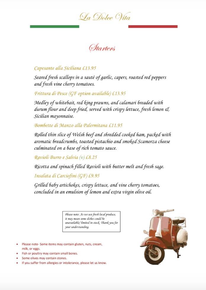 Menu at La Dolce Vita restaurant, The Mumbles