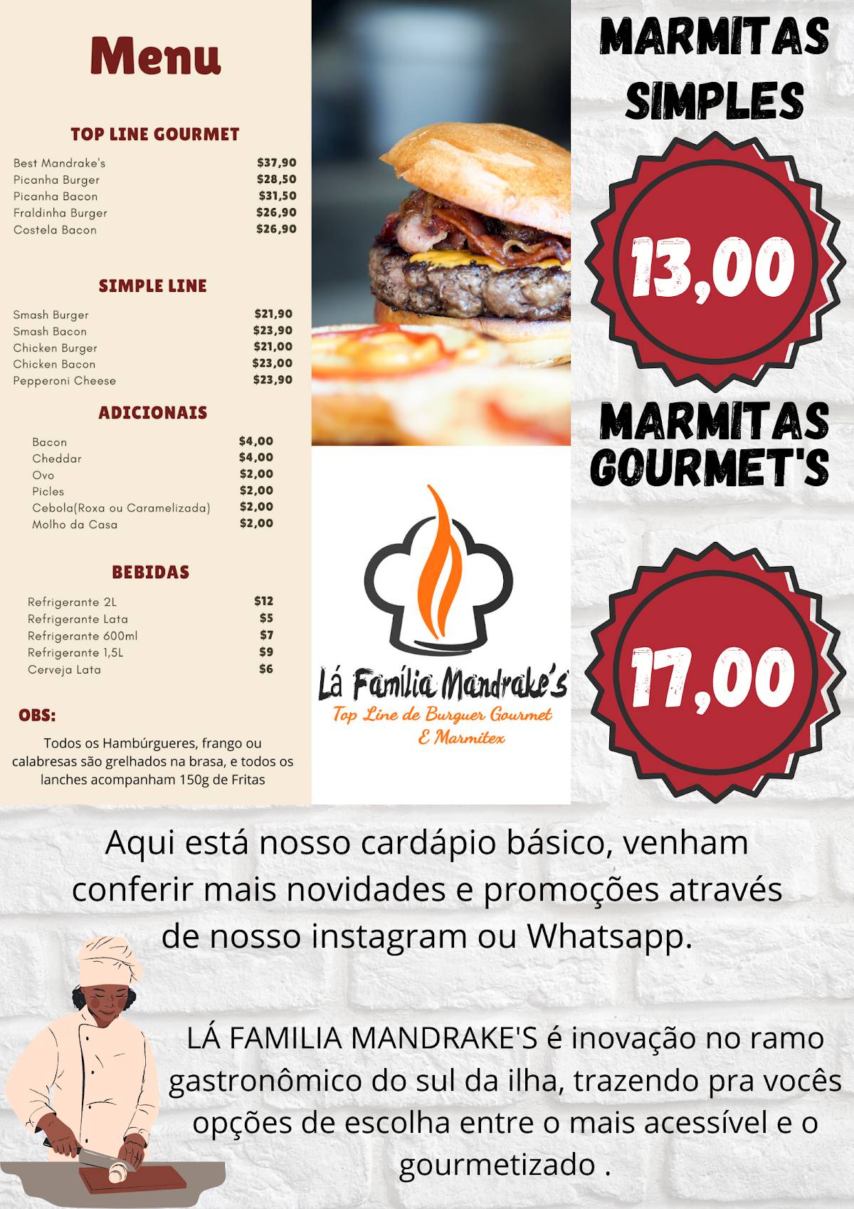Menu at Lá Família Mandrake's restaurant, Florianópolis