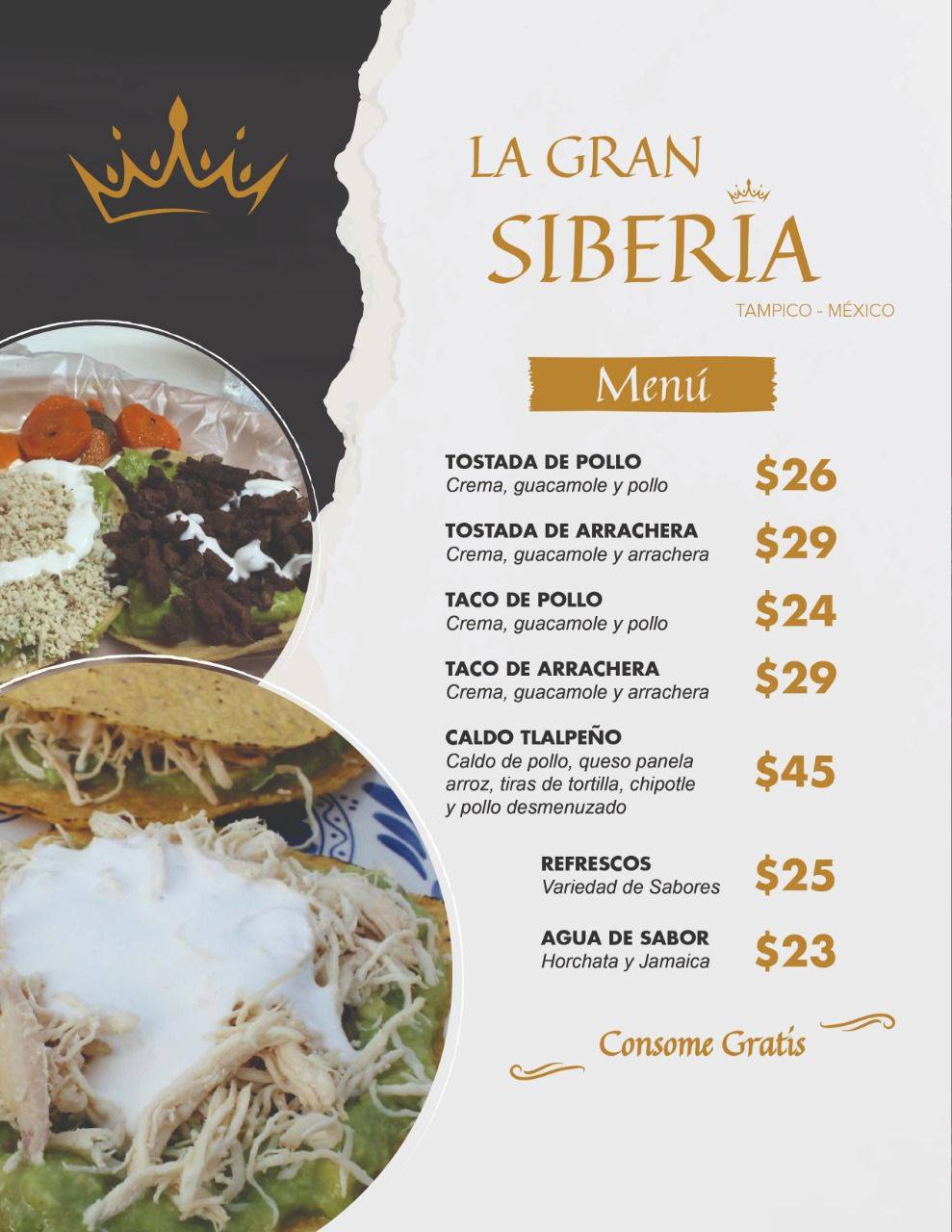 Menu at La Gran Siberia restaurant, Tampico