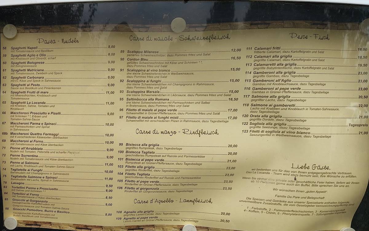 Speisekarte von La Locanda restaurant, Unna