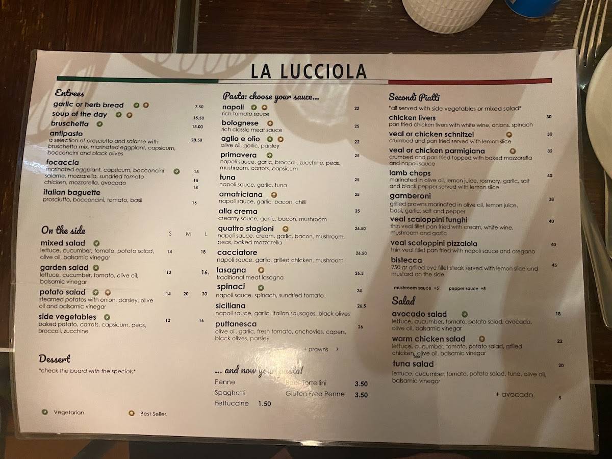 Menu at La Lucciola Bistro restaurant, South Yarra