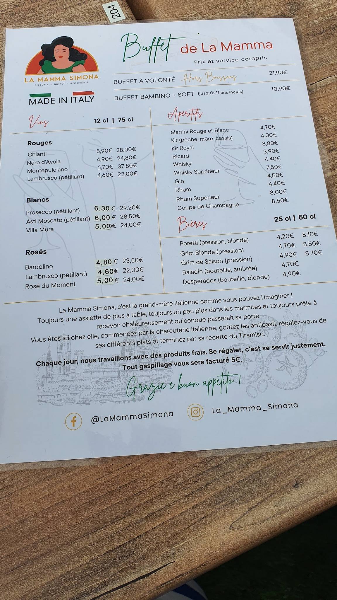 Menu au La Mamma Simona restaurant, Biganos