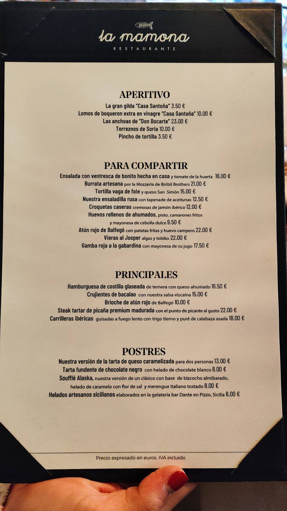 Menu at La Mamona Chamberí restaurant, Madrid