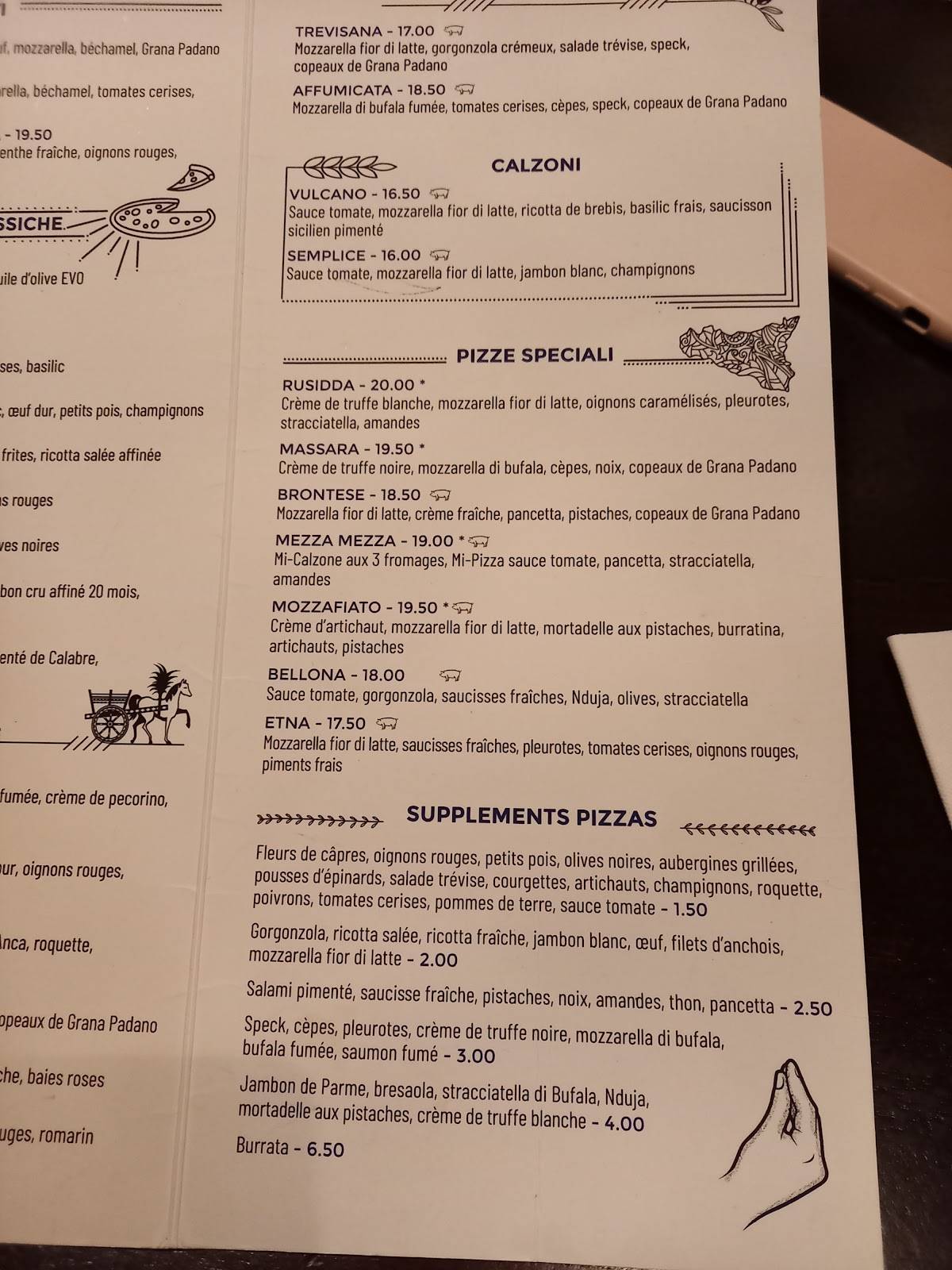 Menu au La Massara restaurant, Paris