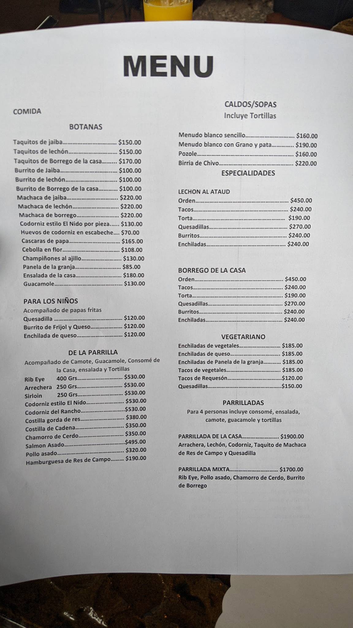Carta de La Media Luna Restaurante, Rosarito