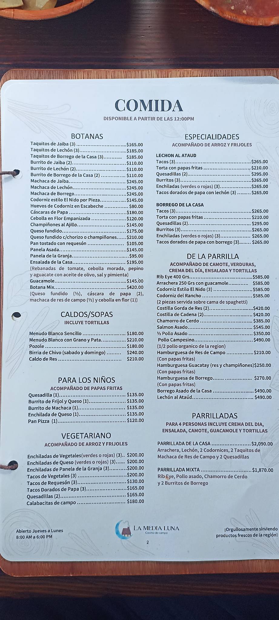 Carta de La Media Luna Restaurante, Rosarito