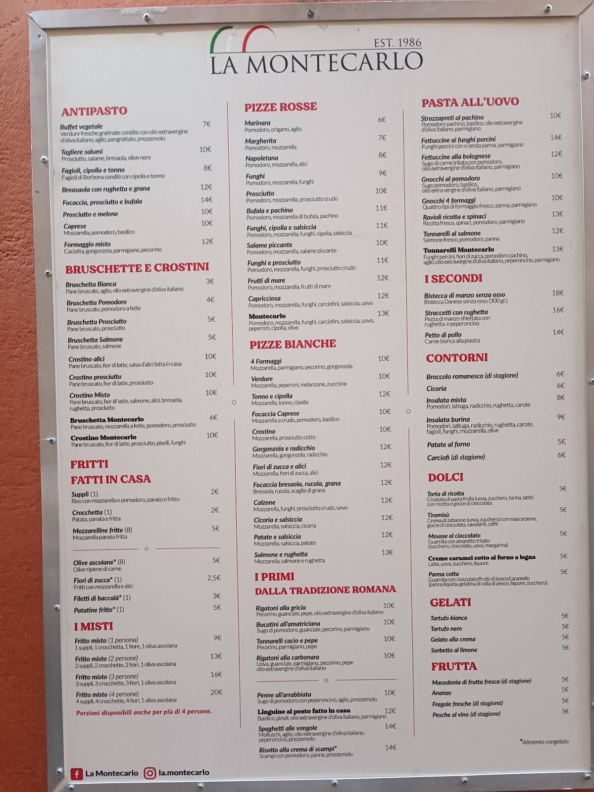 Menu da La Montecarlo pizzeria, Roma, Vicolo Savelli