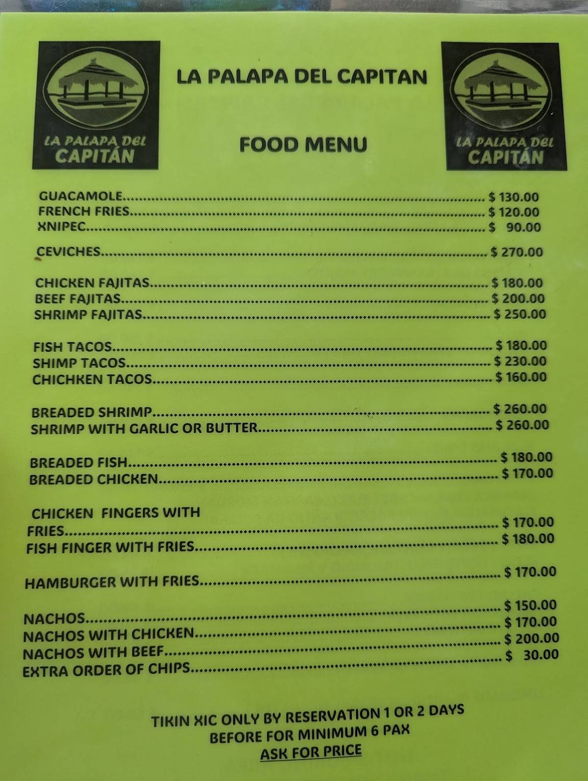 Menu at La Palapa del Capitan restaurant, Isla Mujeres, Carr. Sac Bajo
