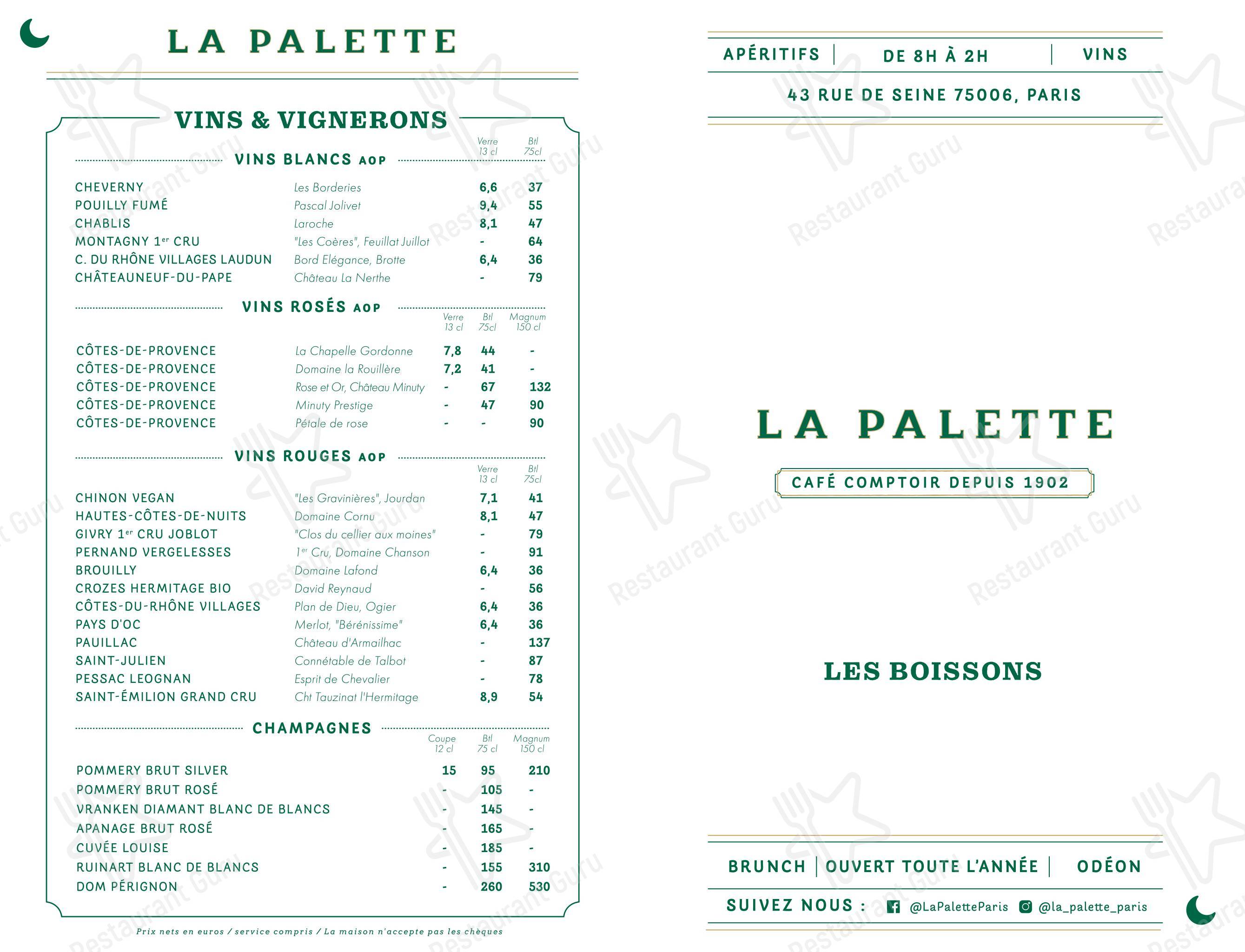 Menu at La Palette restaurant, Paris, 43 Rue de Seine