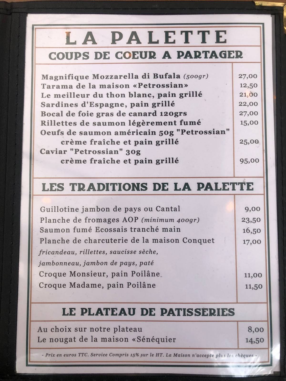 Menu at La Palette restaurant, Paris, 43 Rue de Seine