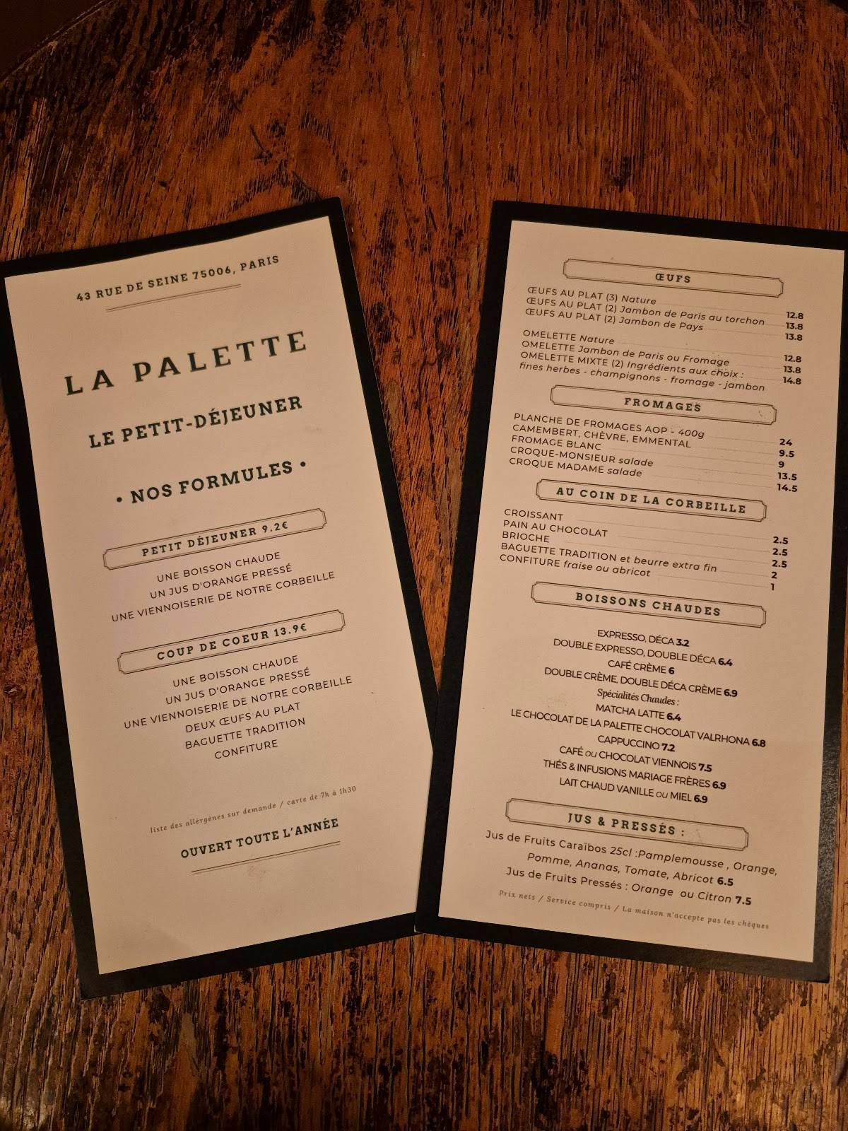 Menu at La Palette restaurant, Paris, 43 Rue de Seine