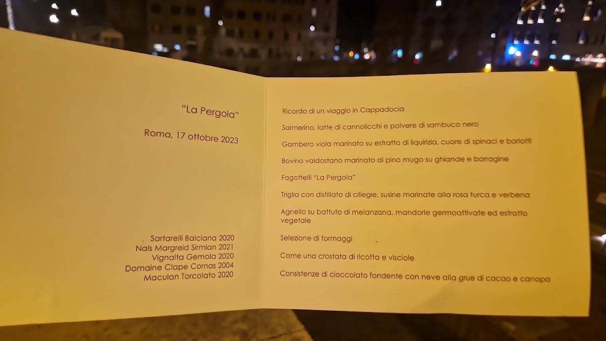 Menu at La Pergola restaurant, Rome, Via Alberto Cadlolo