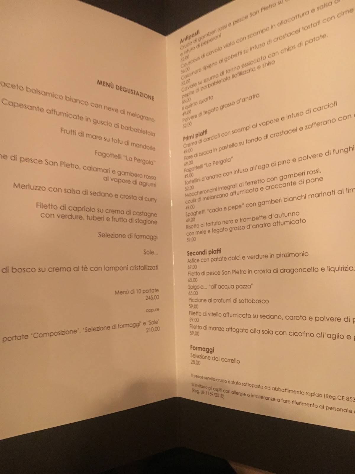Menu at La Pergola restaurant, Rome, Via Alberto Cadlolo