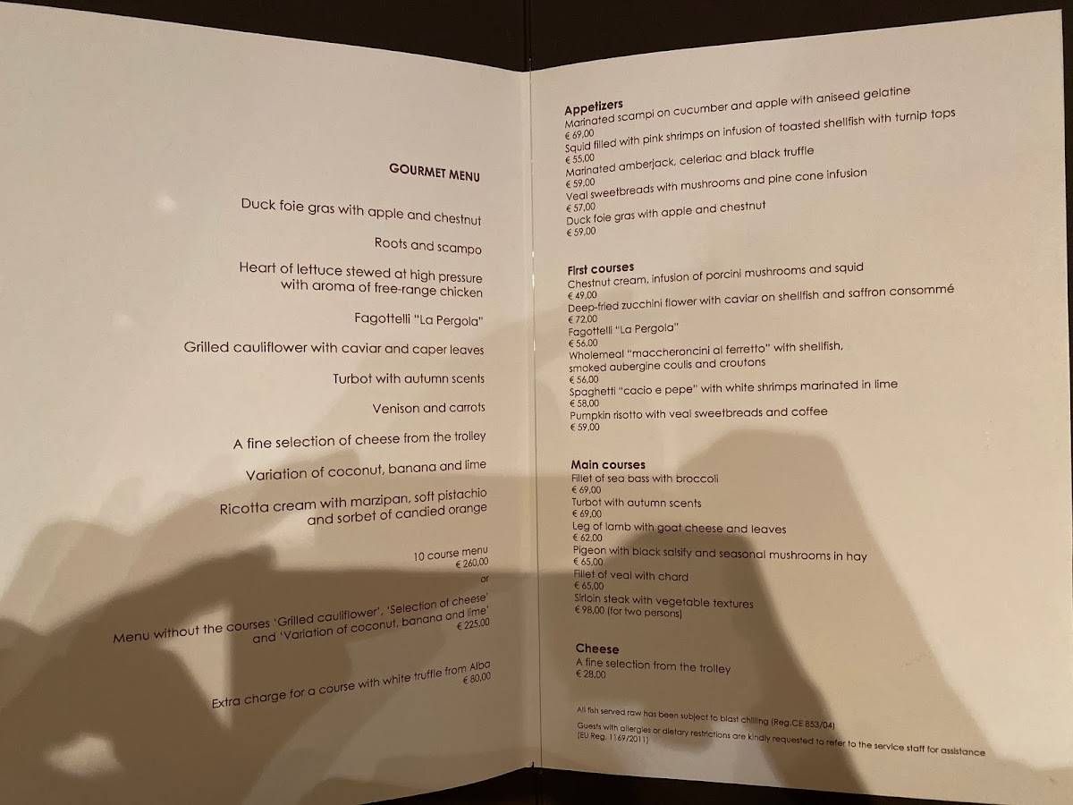 Menu at La Pergola restaurant, Rome, Via Alberto Cadlolo