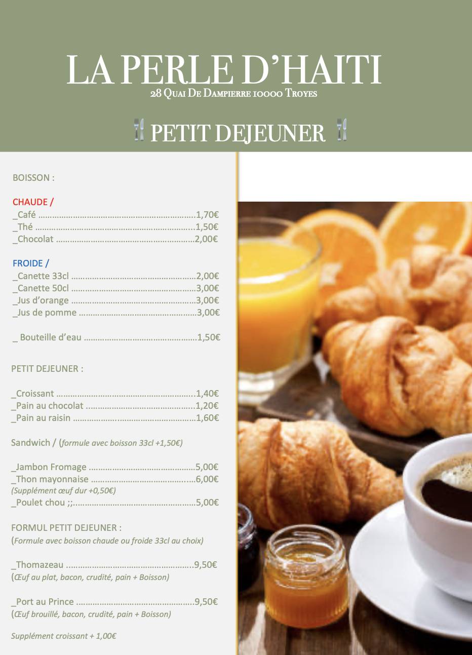 Menu au La Perle d'Haiti restaurant, Troyes
