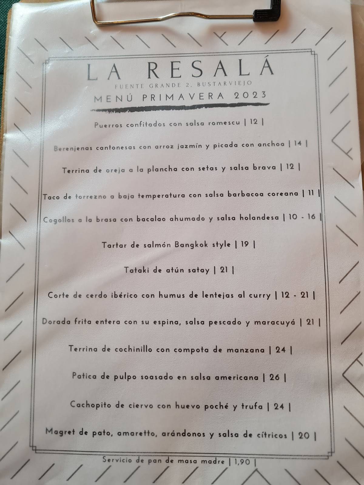 Carta de La Resalá Restaurante, Bustarviejo