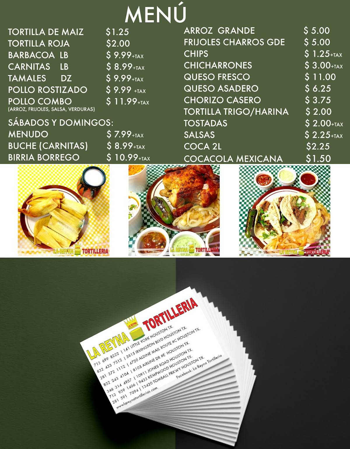 Menu at La Reyna Tortilleria restaurant, Houston, Airline Dr F