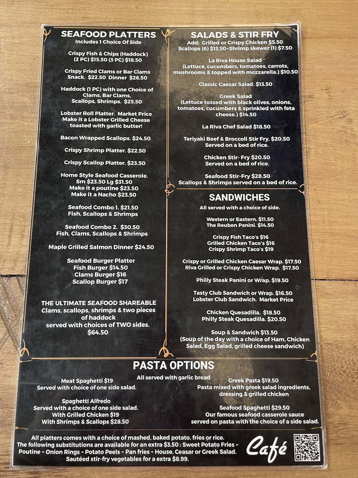 Menu at La Riva Grill restaurant, Richibucto, Rue Main