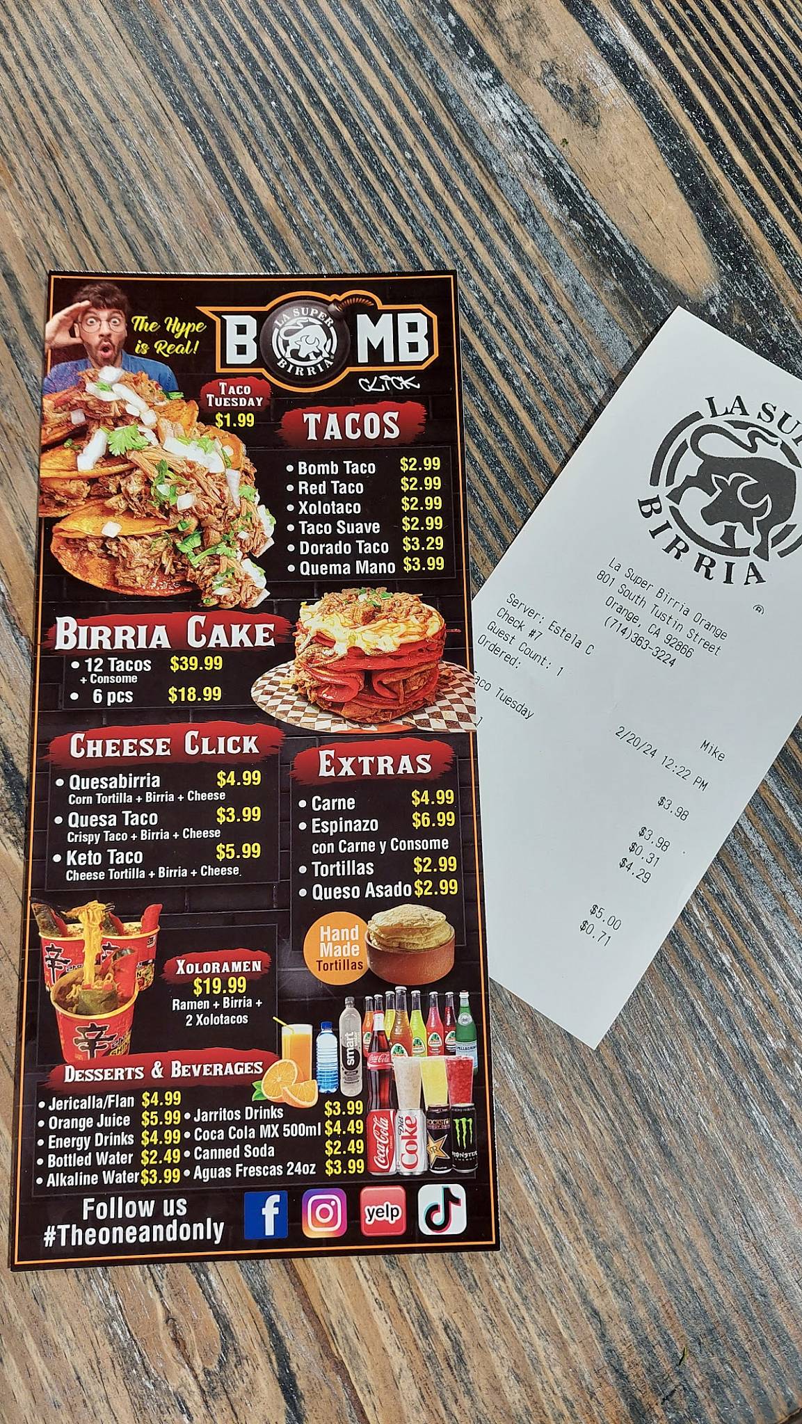 Carta del restaurante La Super Birria, Orange