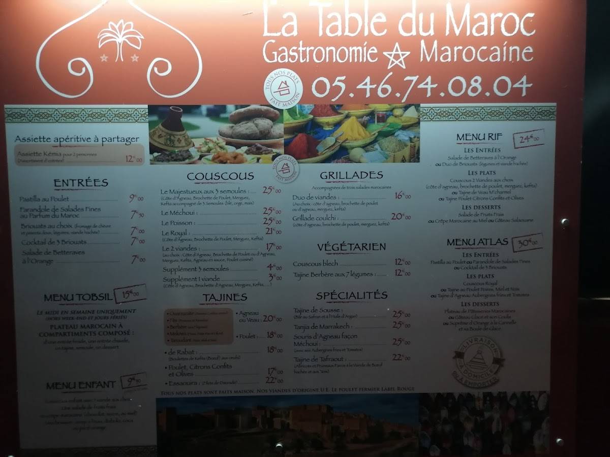 Menu au La Table du Maroc restaurant, Saintes