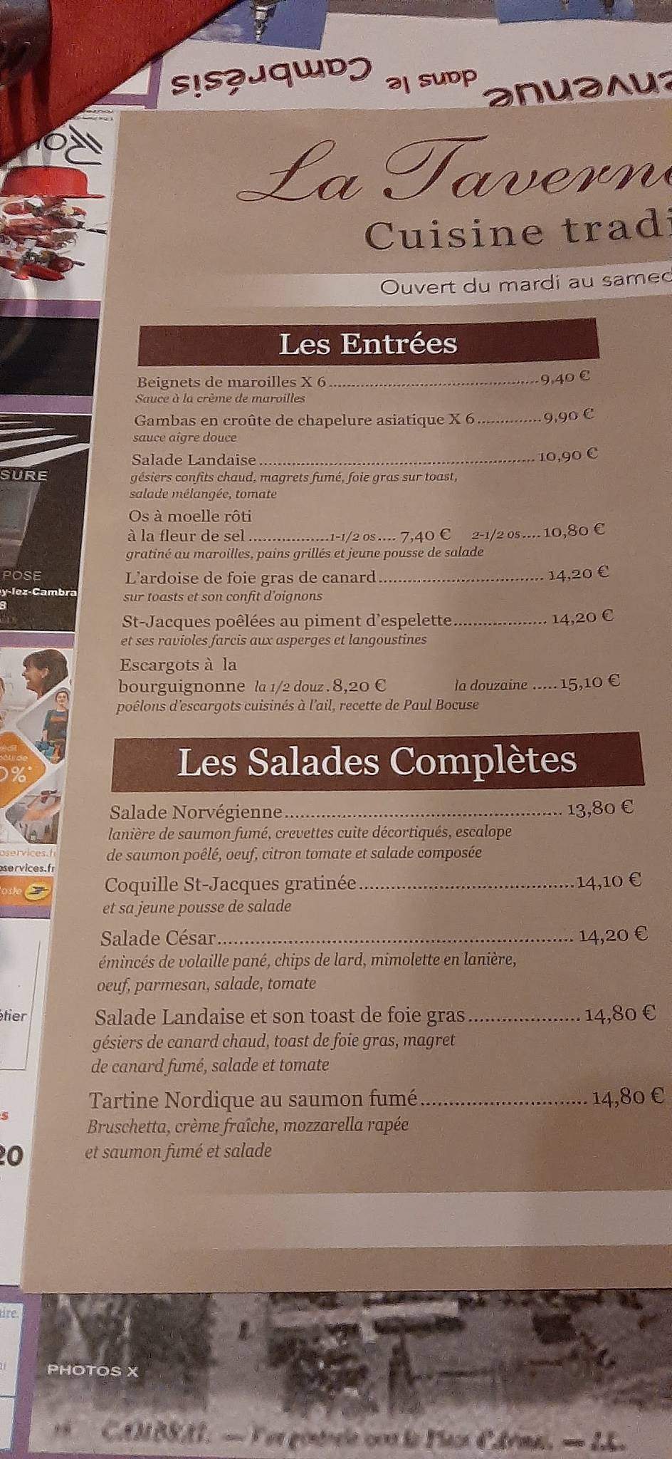 Menu au La Taverne de Lutèce restaurant, Cambrai
