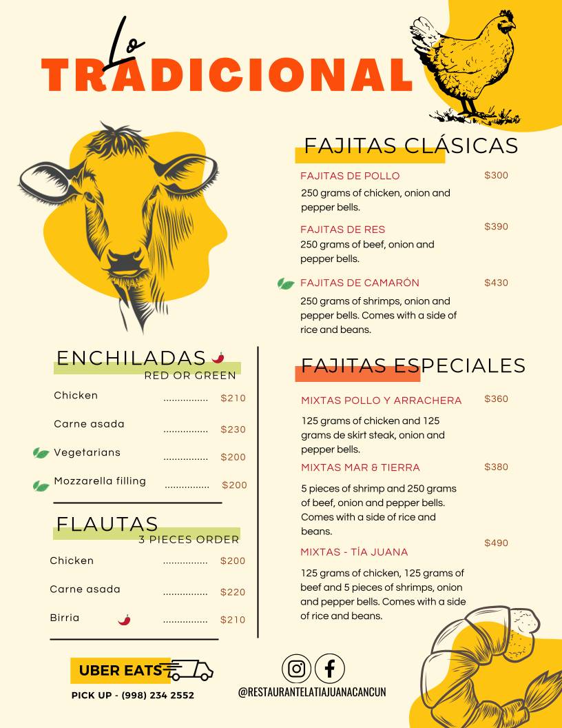 Menu at La Tia Juana restaurant, Cancún