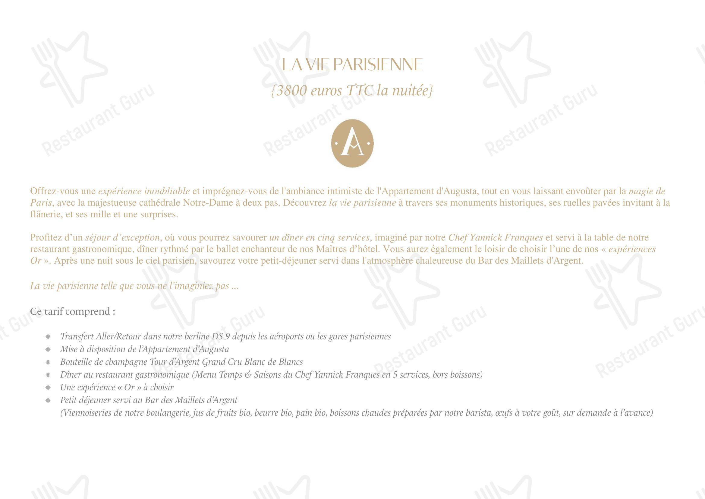 Menu au La Tour d'Argent restaurant, Paris, 15 Quai de la Tournelle