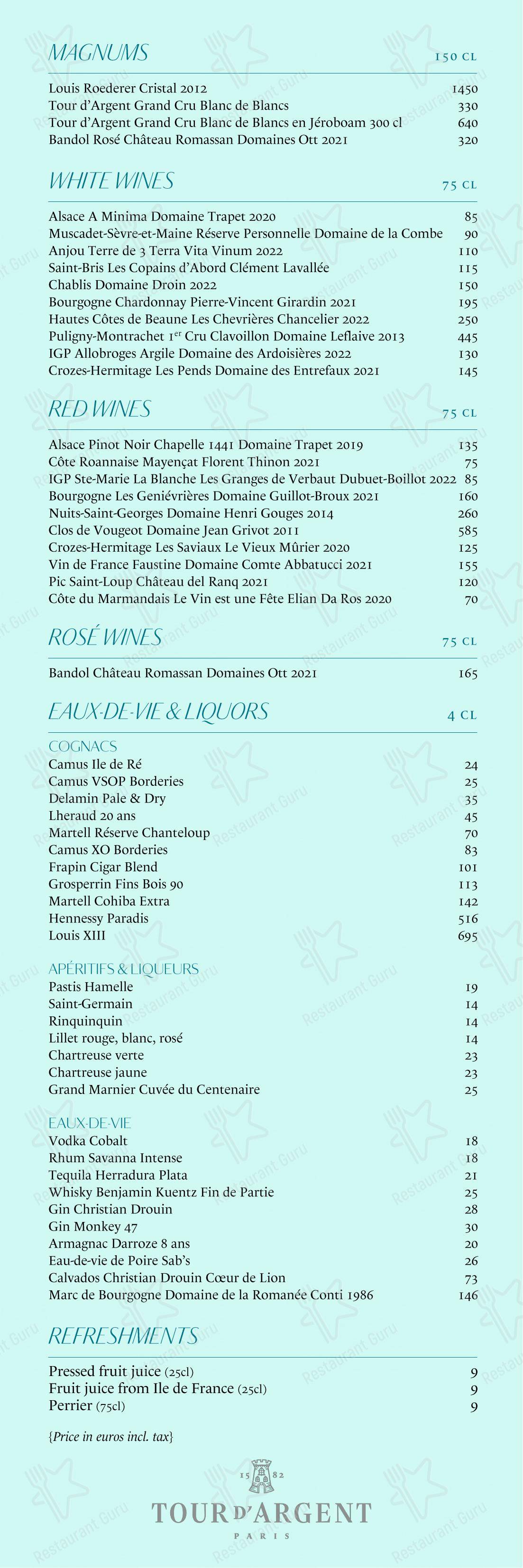 Menu at La Tour d'Argent restaurant, Paris, 15 Quai de la Tournelle