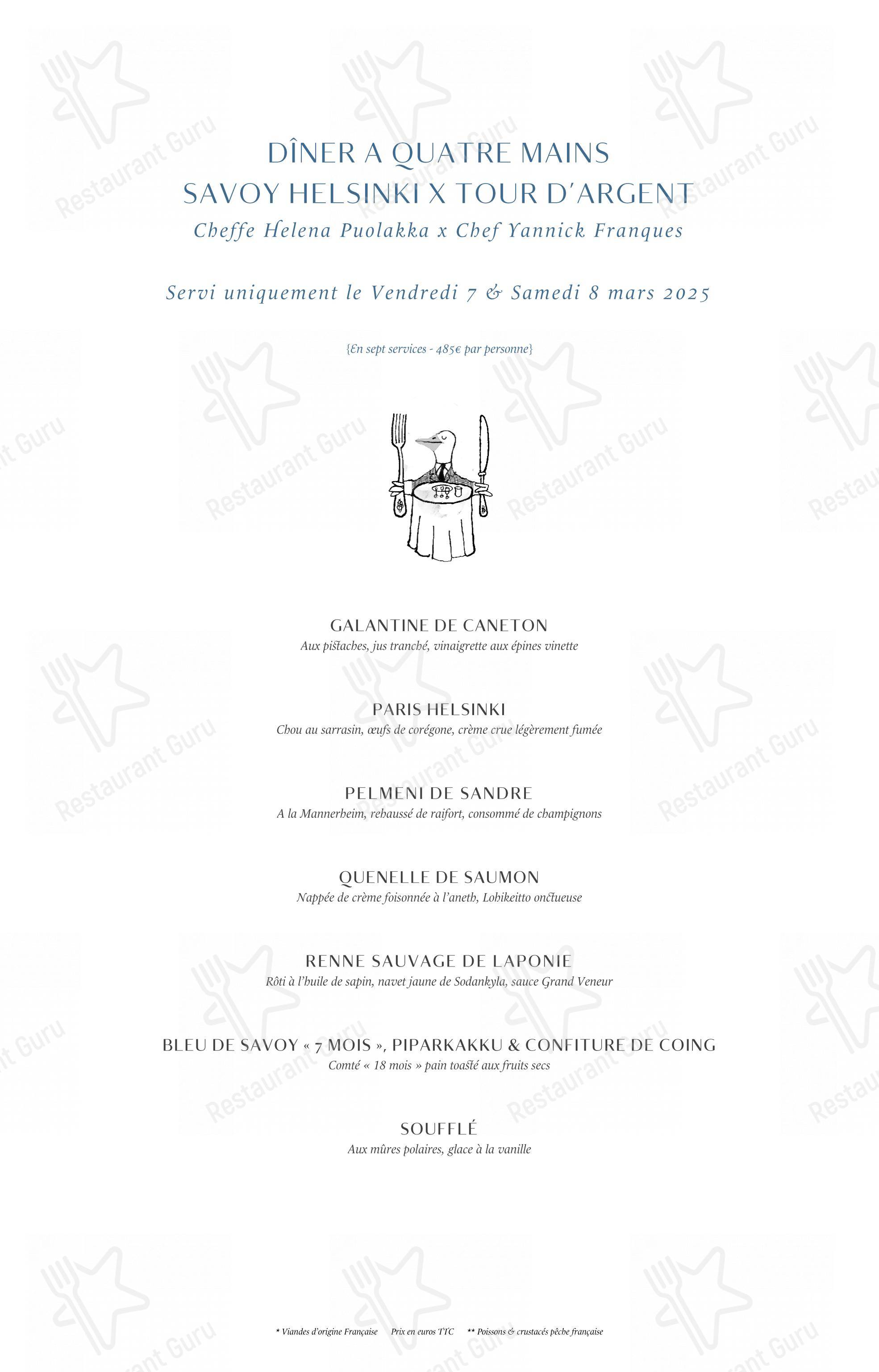Menu at La Tour d'Argent restaurant, Paris, 15 Quai de la Tournelle