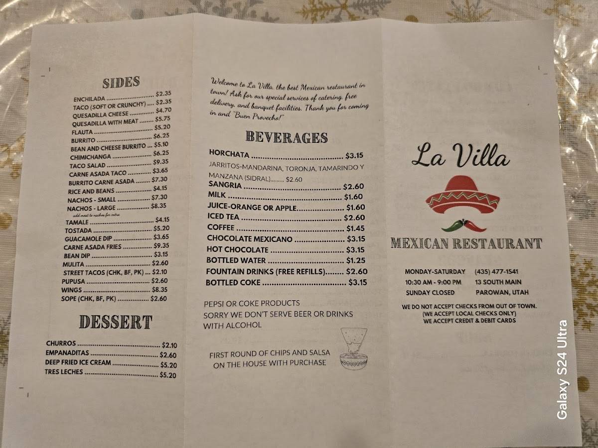 Menu at La Villa Fine Food Mexican restaurant, Parowan