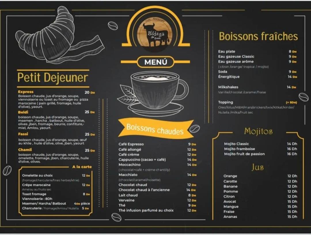 Menu au La Bodéga del Castillo : Café & Restaurant, El Kelaa des Sraghna