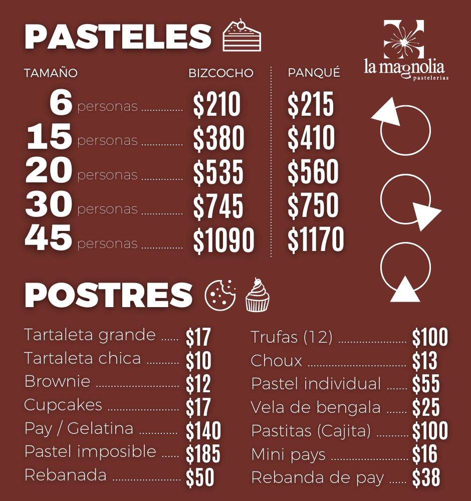 Carta del postres La magnolia pastelerías, Guadalupe