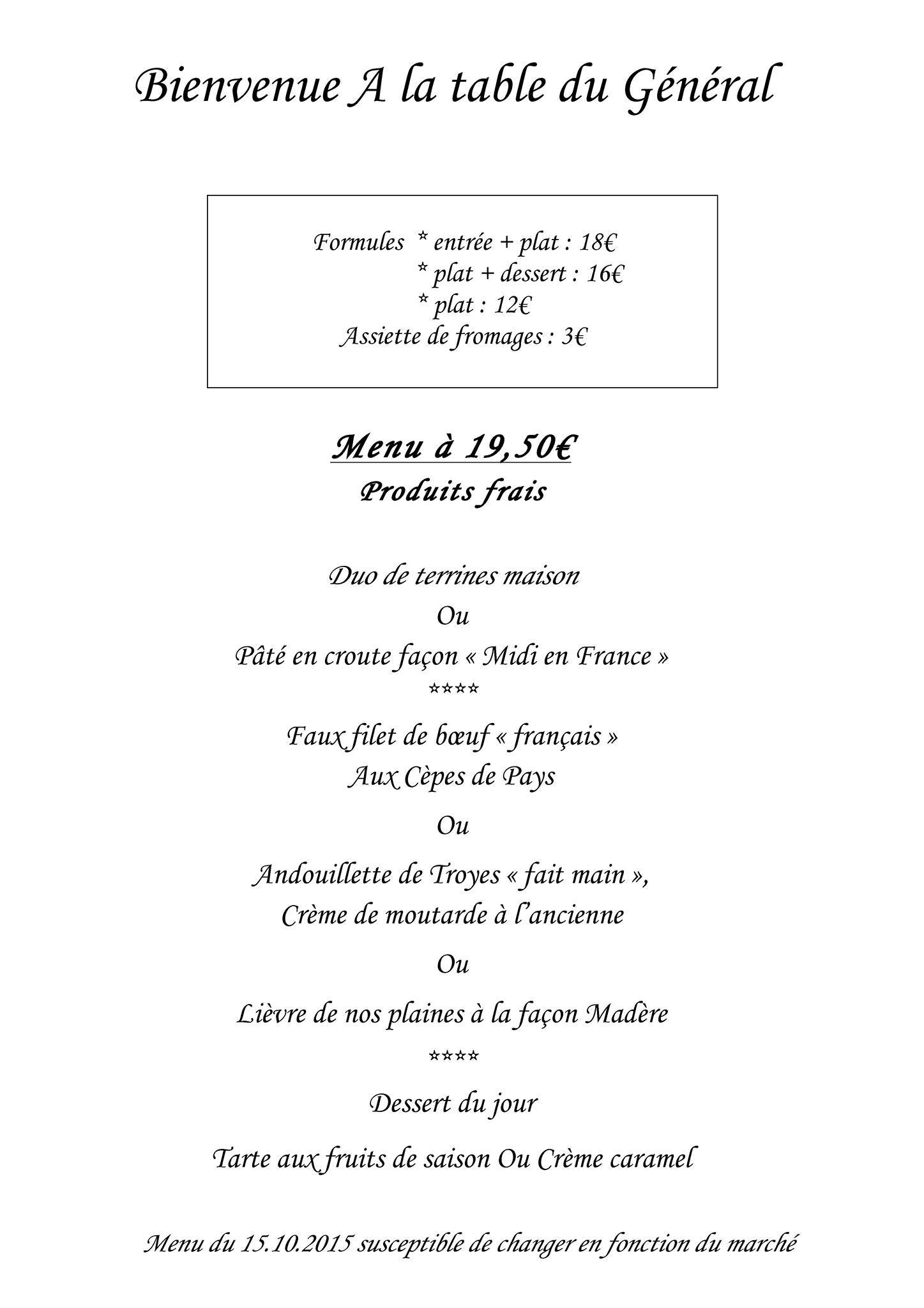 Menu au La table du Général restaurant, Colombey-les-Deux-Églises