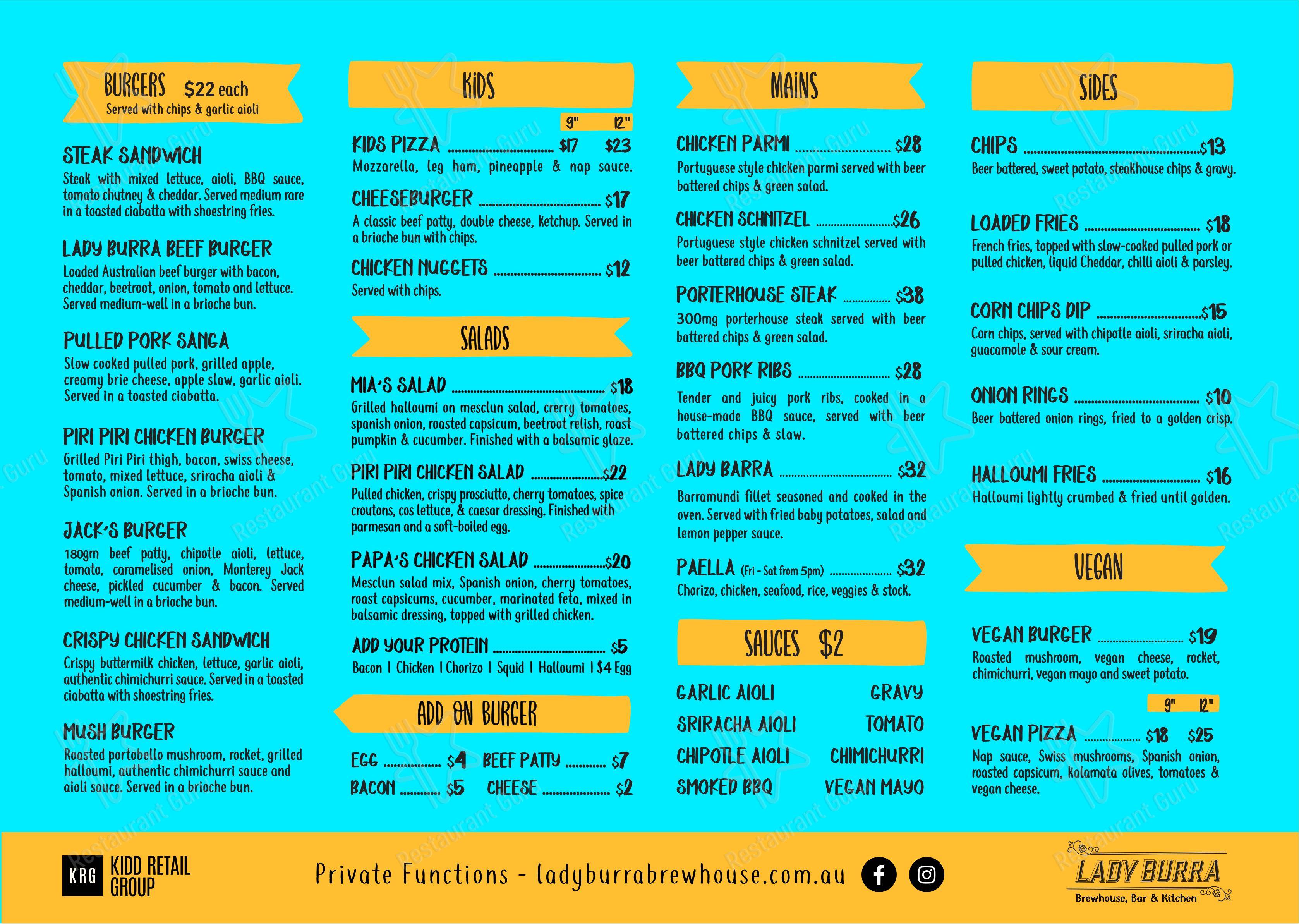 Menu at Lady Burra Brewhouse pub & bar, Adelaide