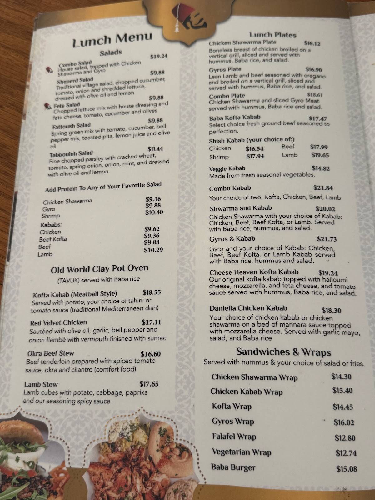 Carta del restaurante Baba Kabab, Lafayette