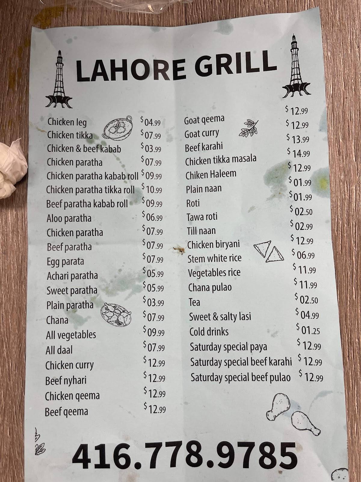 Menu at Lahore Grill & Fast Food Halal Restaurant, Toronto, Gerrard St E
