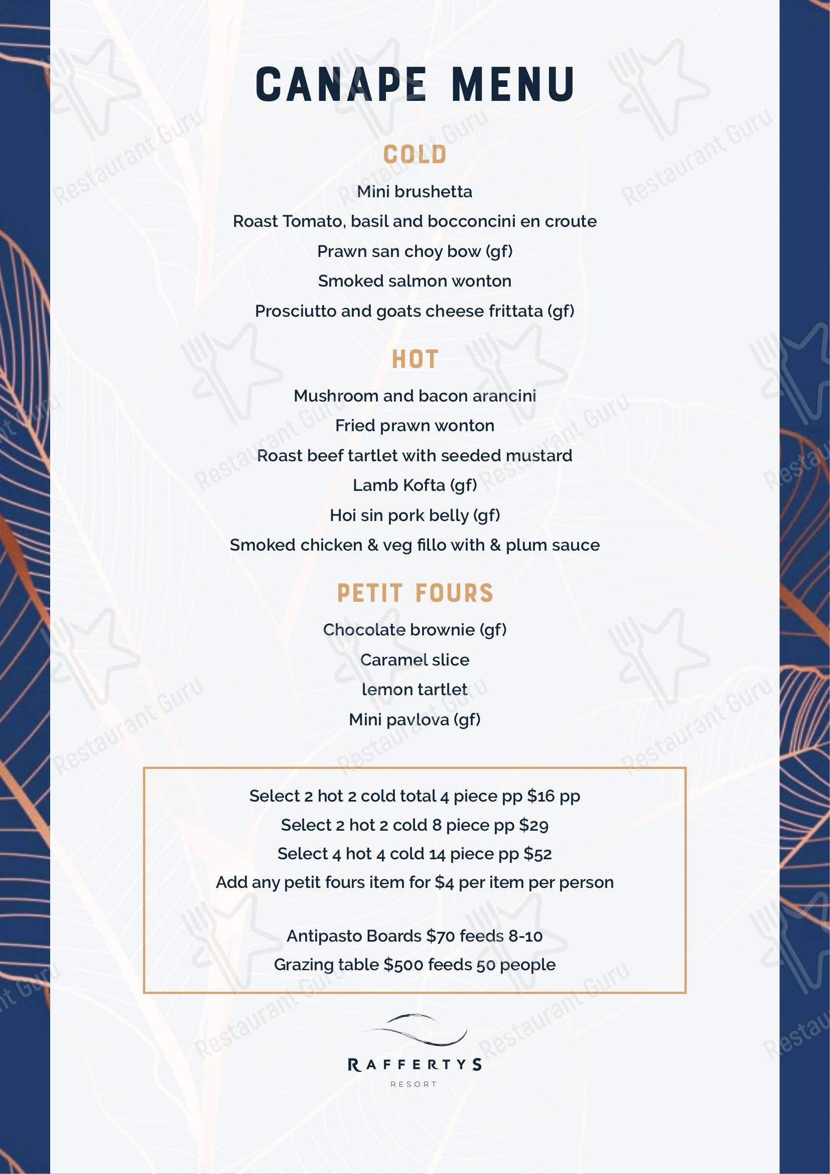 Menu at Stay at Raffertys Resort restaurant, Cams Wharf