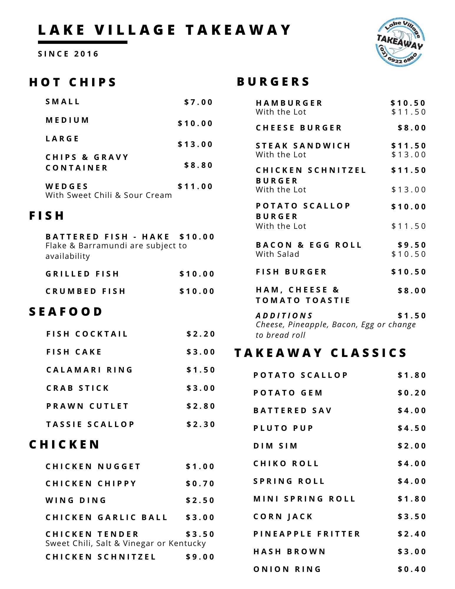 Menu at Lake Village Takeaway restaurant, Lake Albert