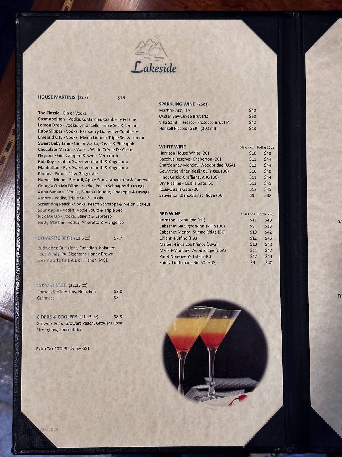 Menu at Lakeside Restaurant, Harrison Hot Springs